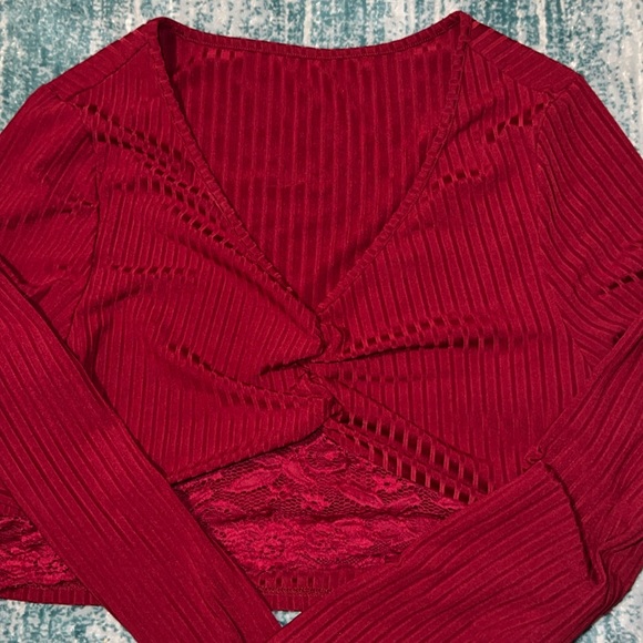 Tops | Ruby Red Long Sleeve Crop Top With Lace | Poshmark